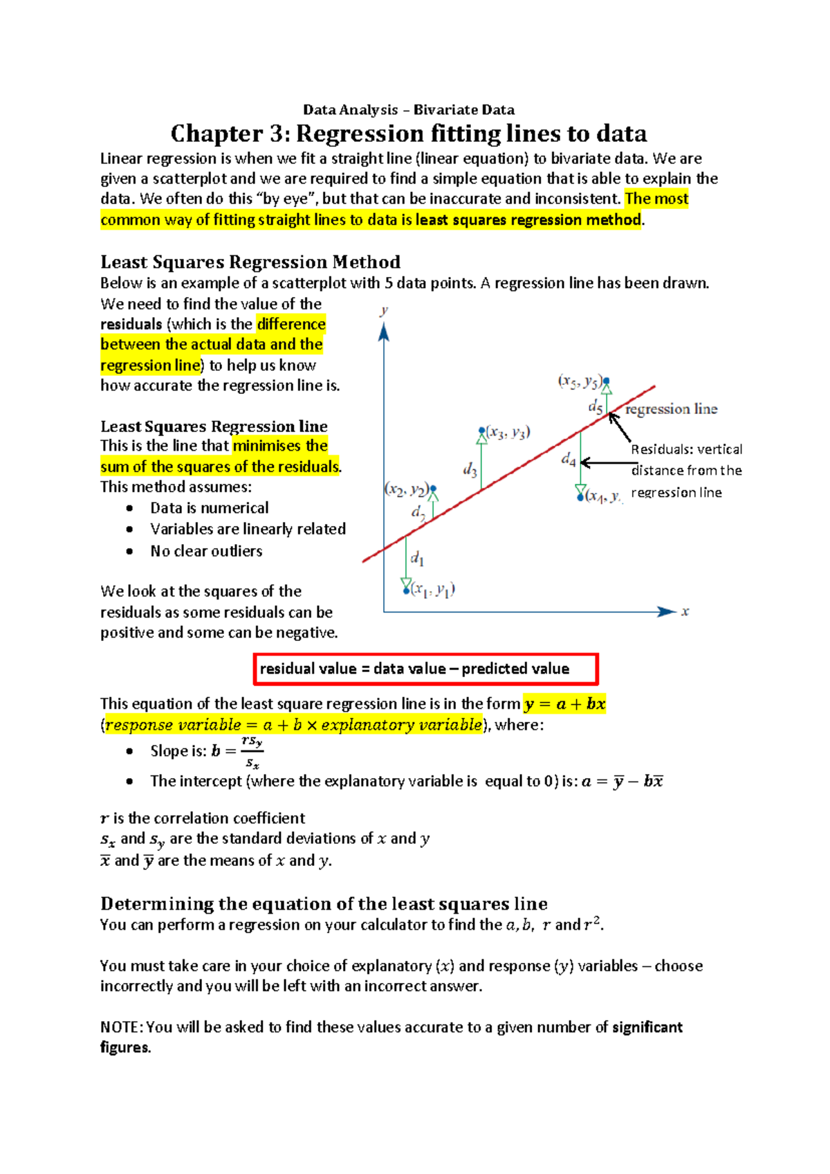 Data Analysis: Bivariate Data & Regression (Chapter 3 Summary) - Studocu