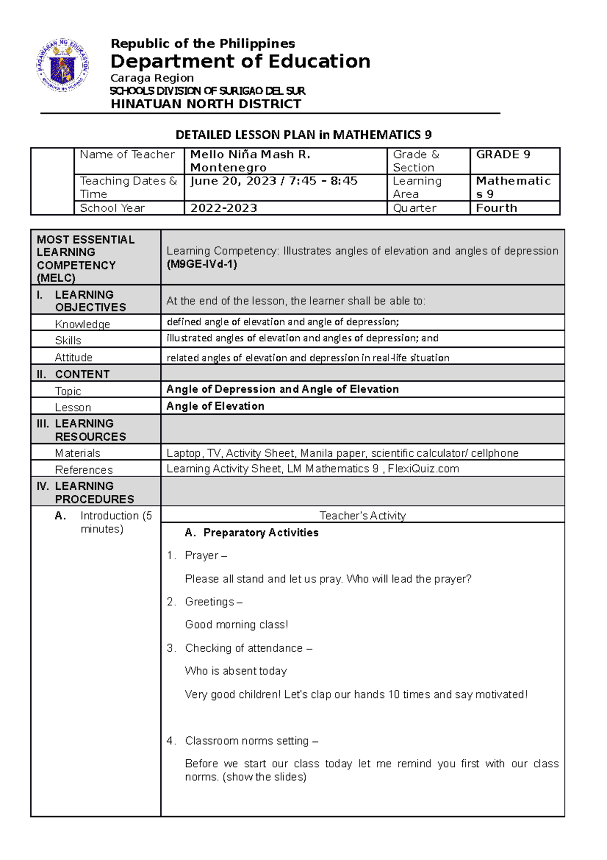 Lesson plan in Math 9 quarter 4 - Department of Education Caraga Region ...