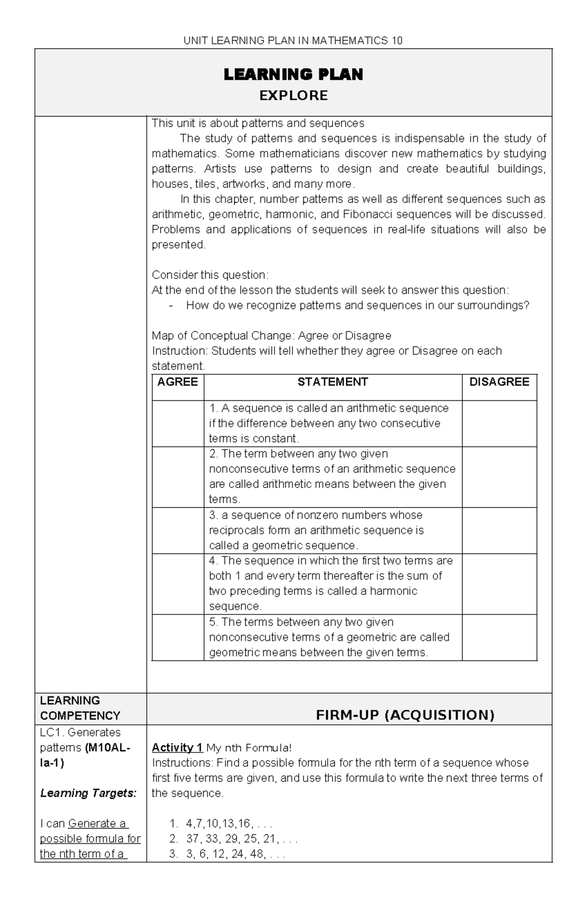 MATH-10 Final Exam - Learning Plan on Patterns, Sequences, and Polynomials - Studocu