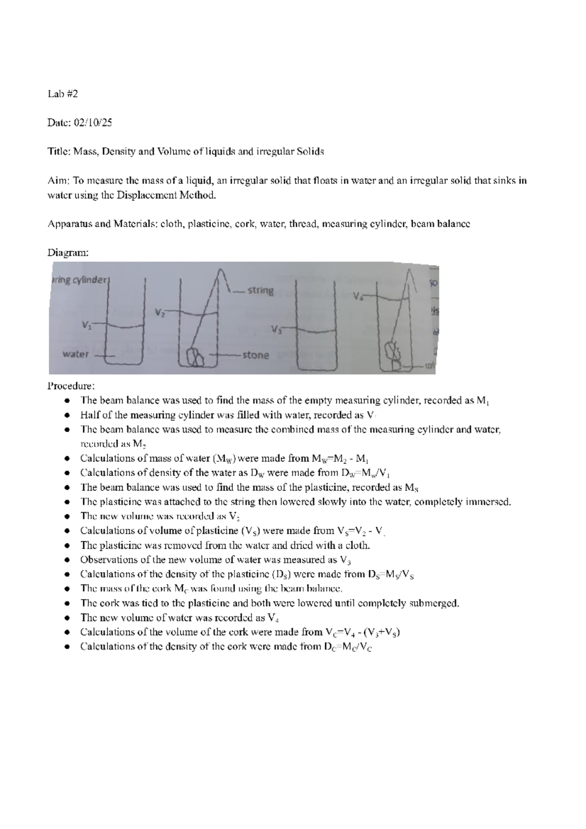 Lab Report: Mass, Density & Volume of Liquids & Irregular Solids - Studocu
