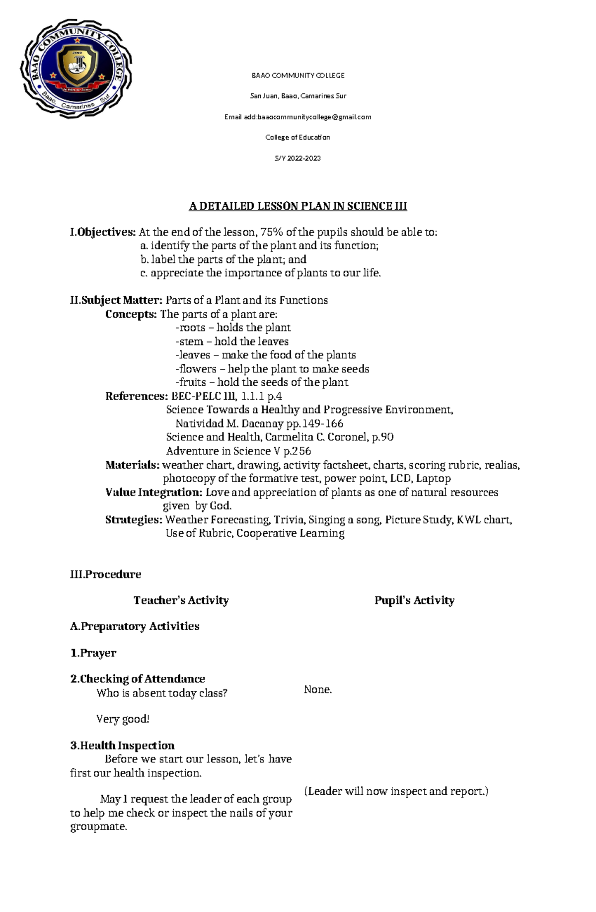 Detailed Lesson Plan in Science III on Plant Parts and Functions - Studocu
