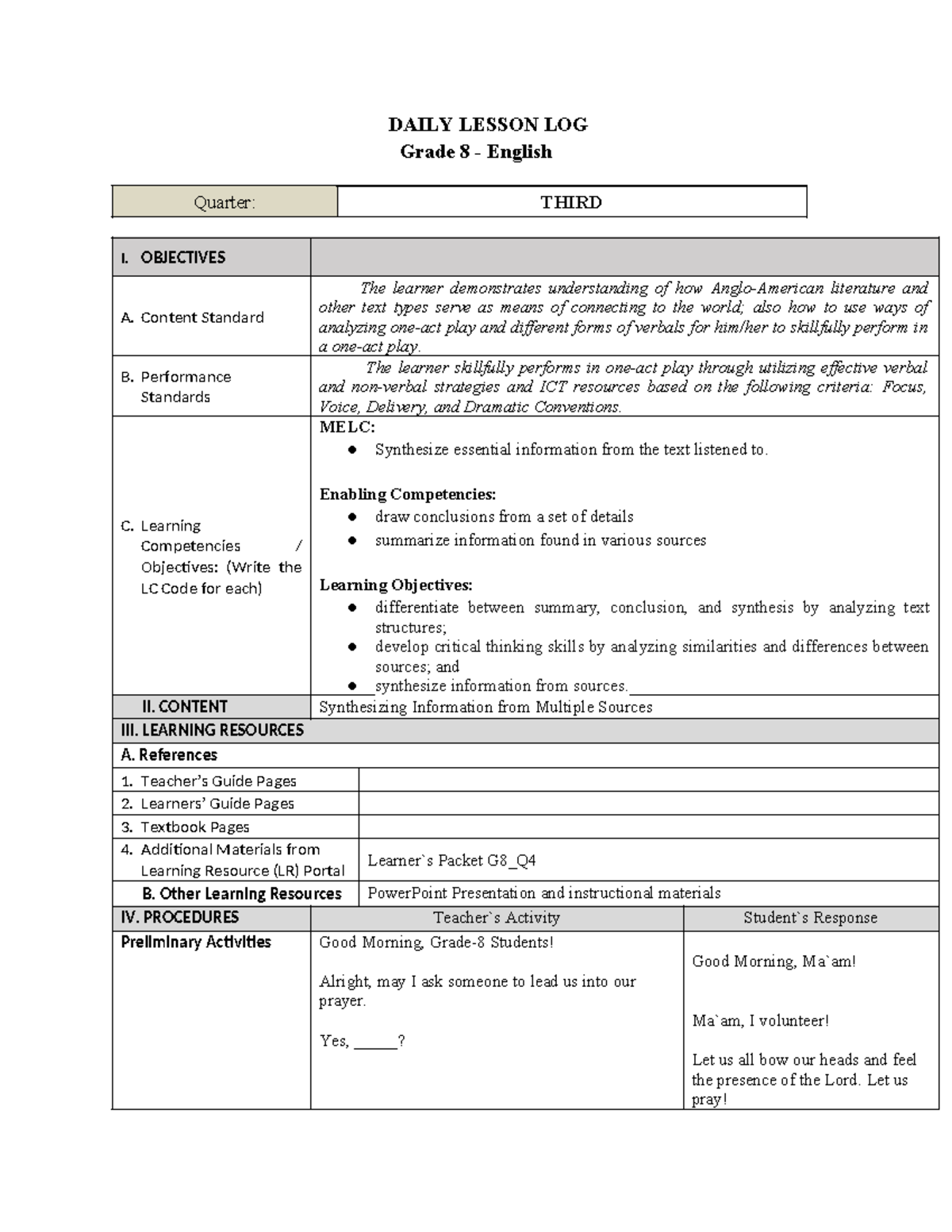 DAILY LESSON LOG (DLL) G8: Synthesizing Info from Multiple Sources ...