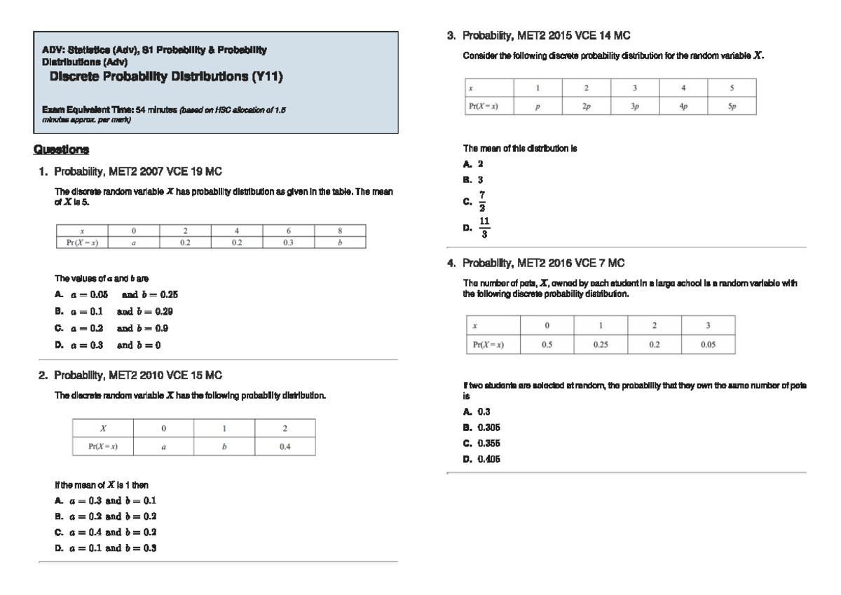 Yr12 Adv S1 Discrete Probability Distribution Worksheet - Studocu