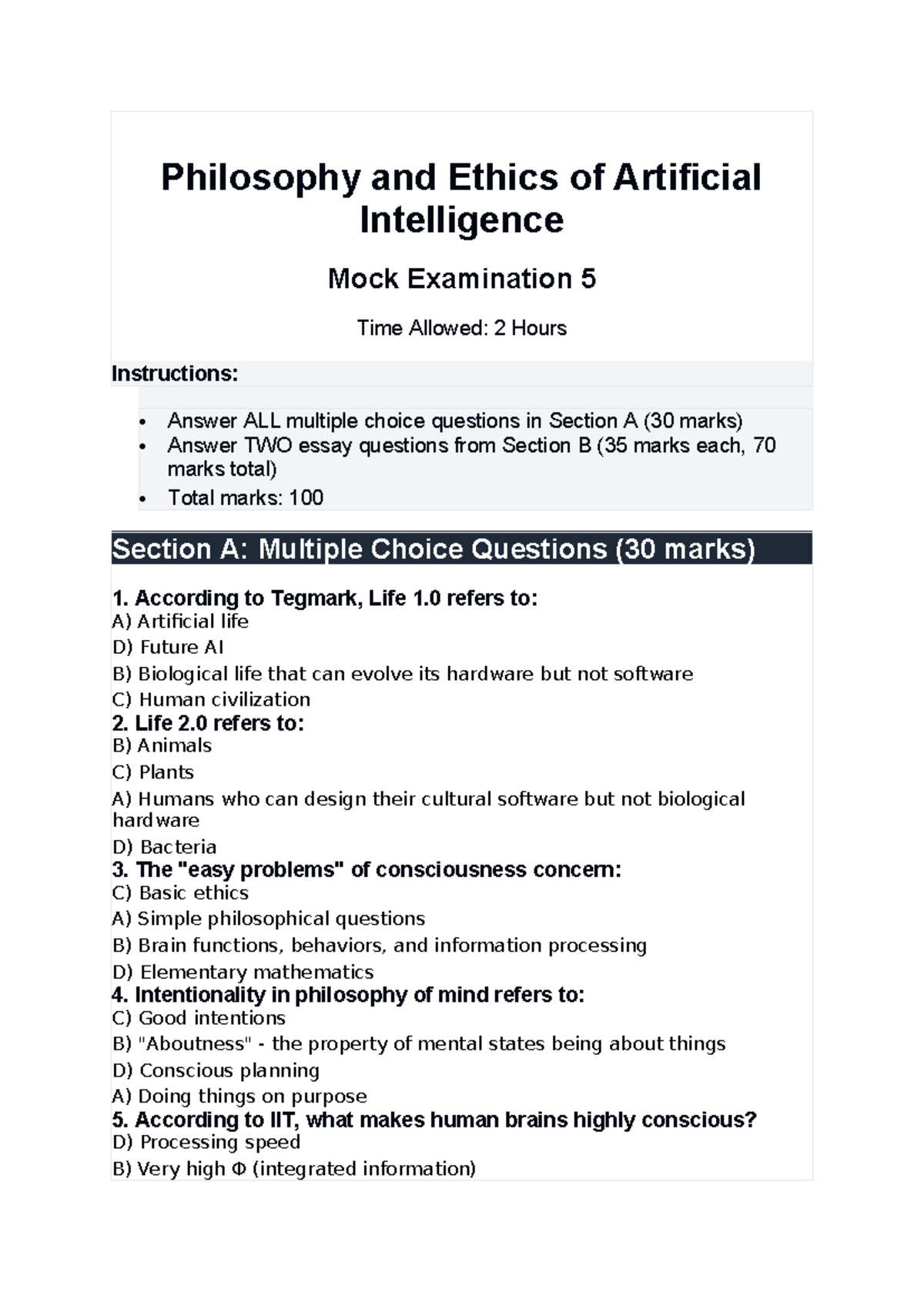 Philosophy and Ethics of AI Mock Exam 5: Questions & Essays - Studocu