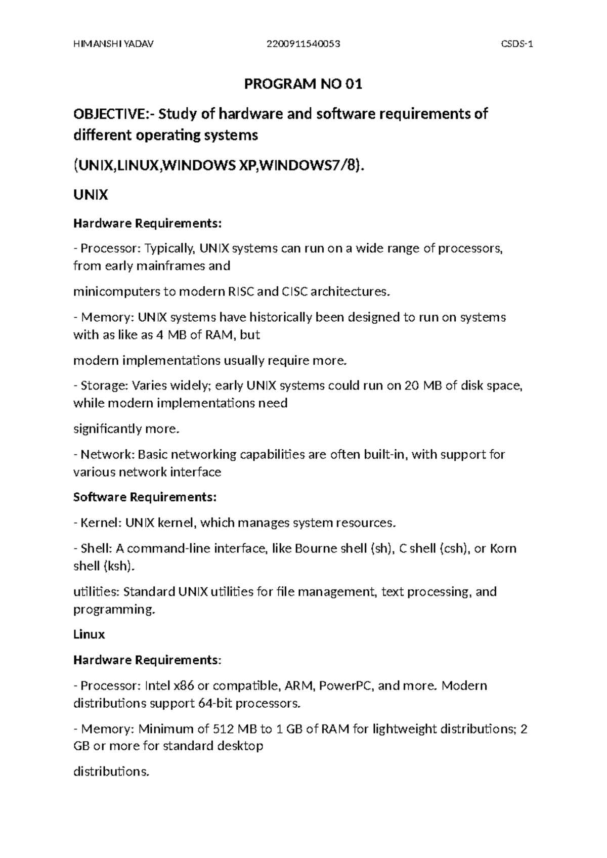 Operating Systems Study: Hardware & Software Requirements (CS101) - Studocu