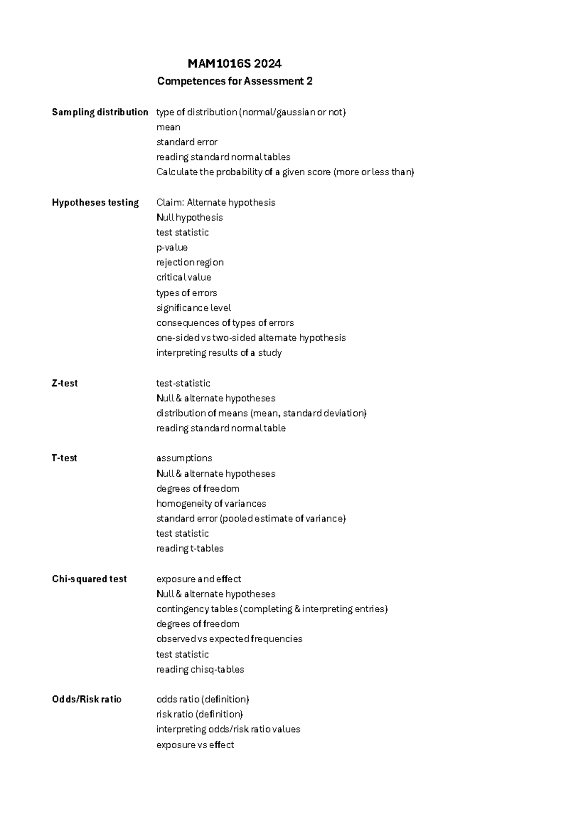 MAM1016S 2024 Competences for Assessment 2: Sampling Distributions & Hypothesis - Studocu
