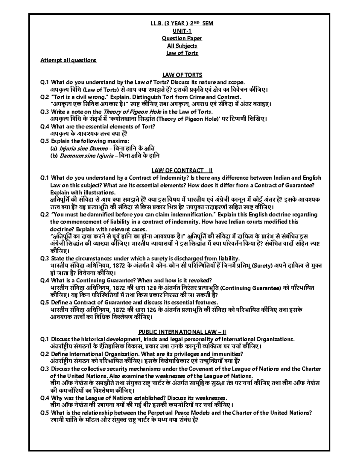 LL.B. (3 YEAR) UNIT-1 Question Paper: Law of Torts & Contracts - Studocu
