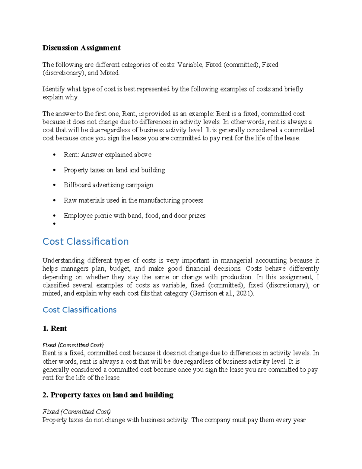BUS 3301 Unit 4 Cost Classification Discussion Assignment - Studocu