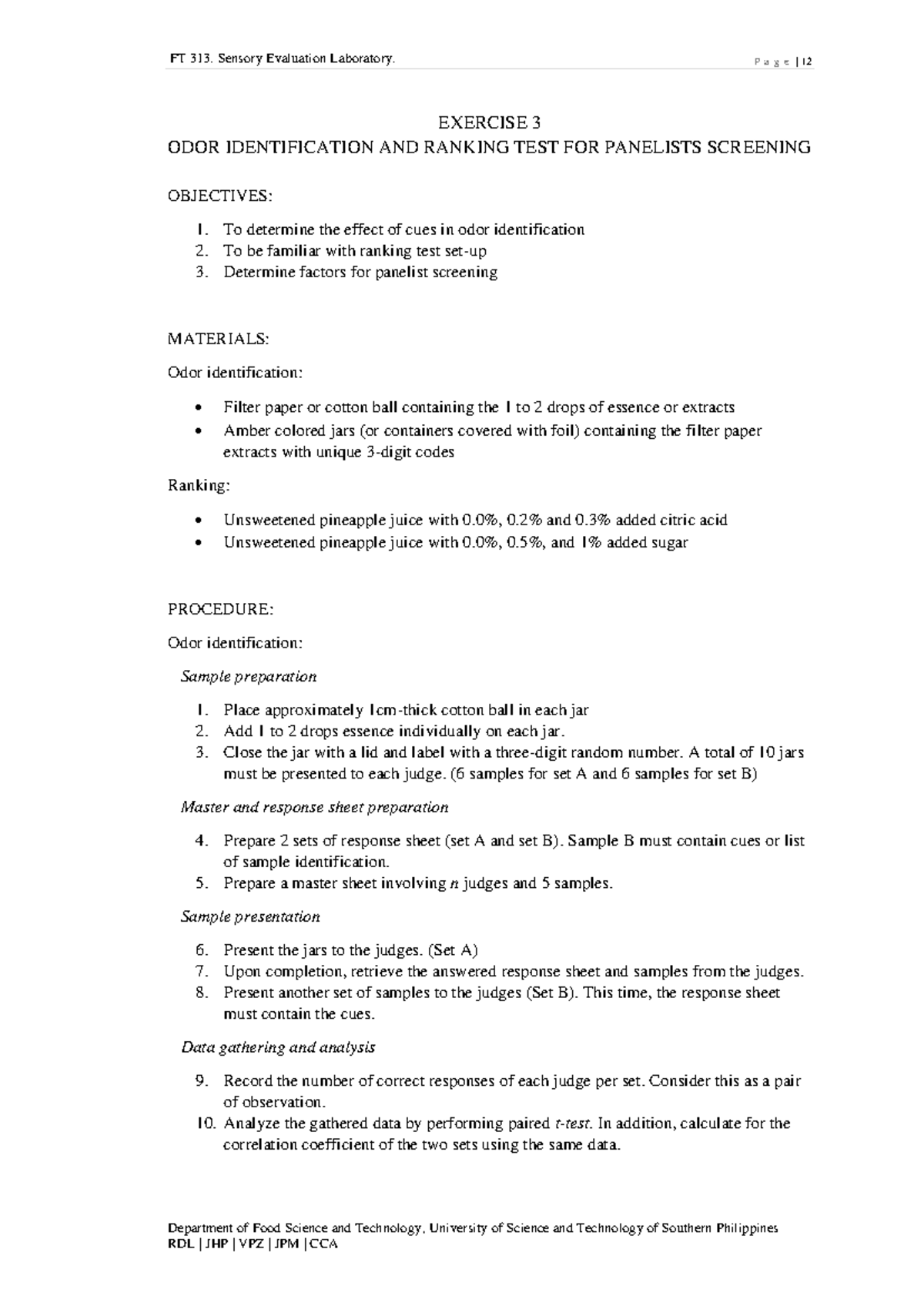 Exercise 3: Sensory Evaluation - Odor Identification & Ranking Test ...