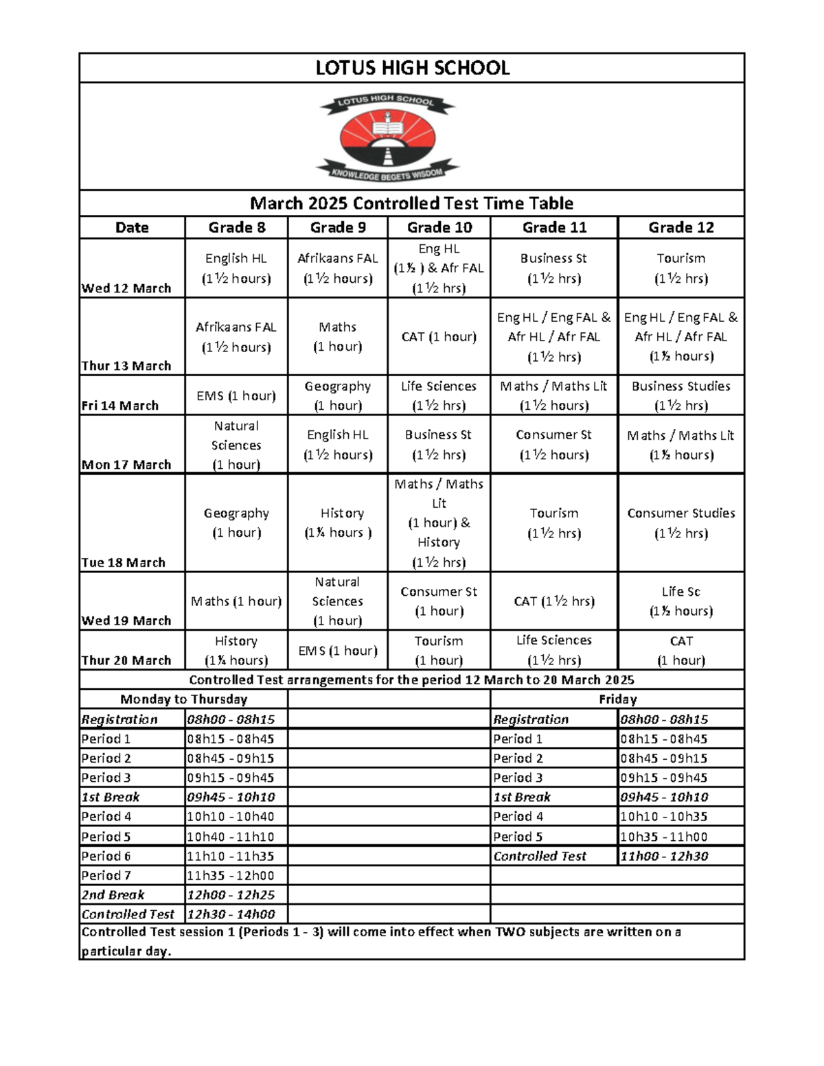 March 2025 Controlled Test TT Schedule for Grades 8 to 12 - Studocu