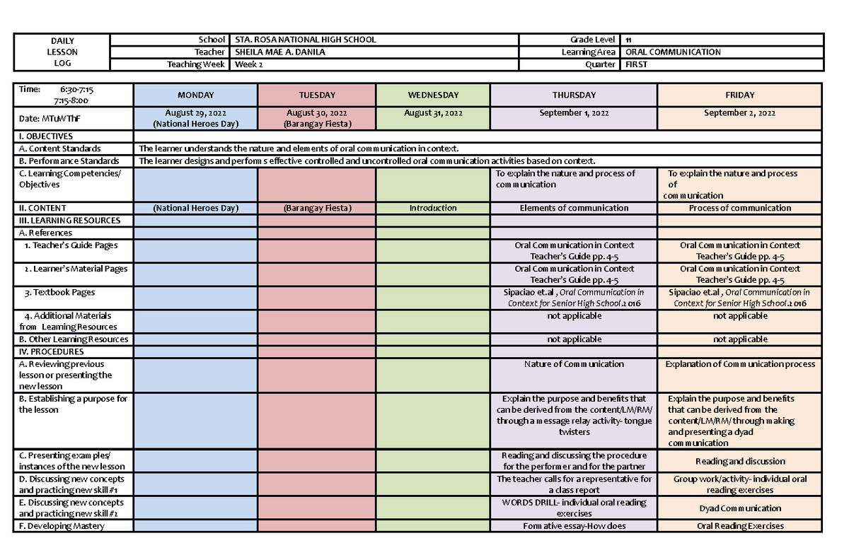 Oral Communication Week 2 Lesson Log - STA. ROSA NHS - Studocu