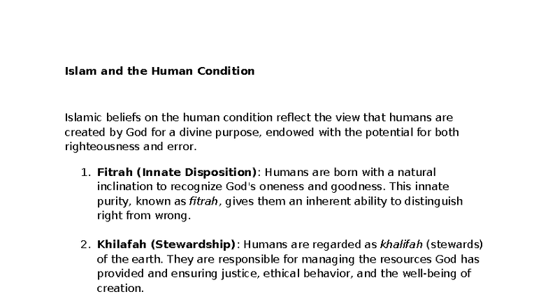 Islamic Beliefs on Human Condition: Fitrah, Free Will & Afterlife - Studocu