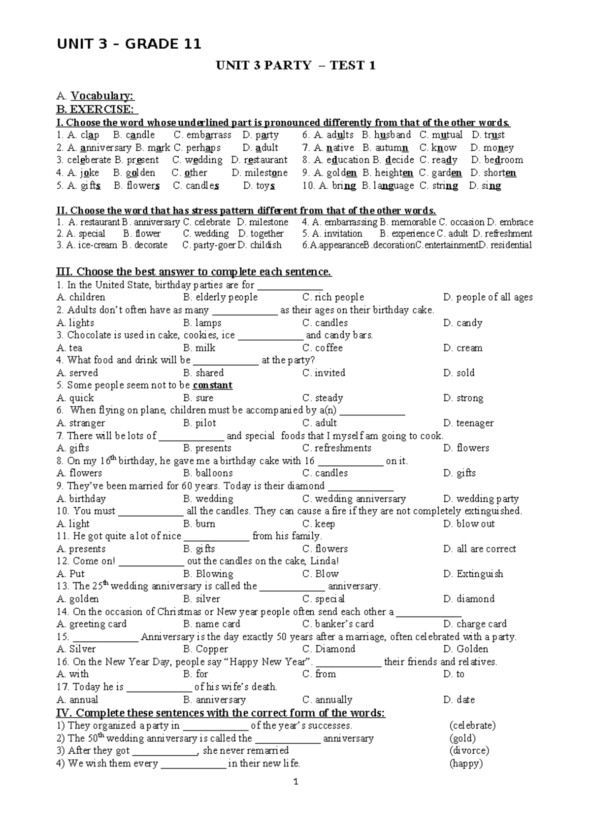 U3 G11 Vocabulary & Exercises for Party Test 1 - Studocu