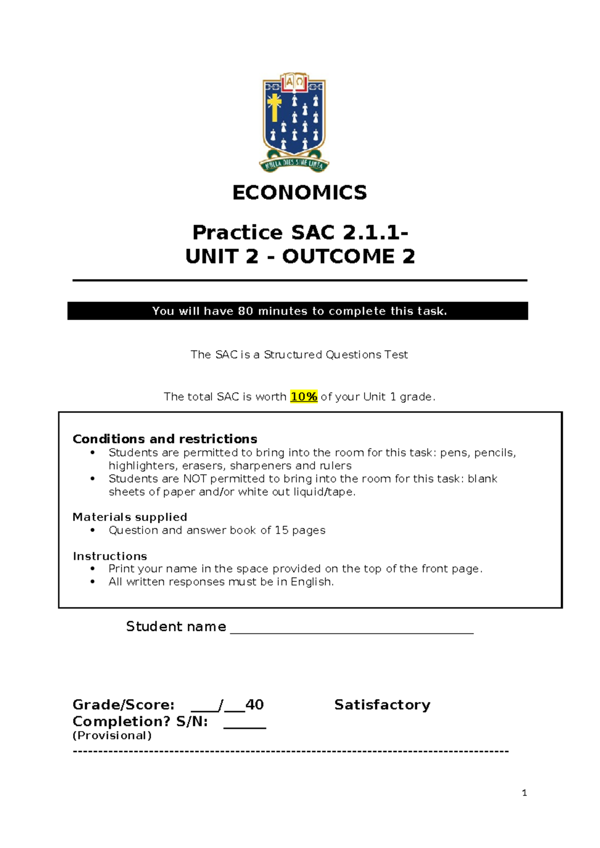 ECONOMICS SAC 2.1.1: Unit 2 Outcome 2 Practice Exam Guide - Studocu