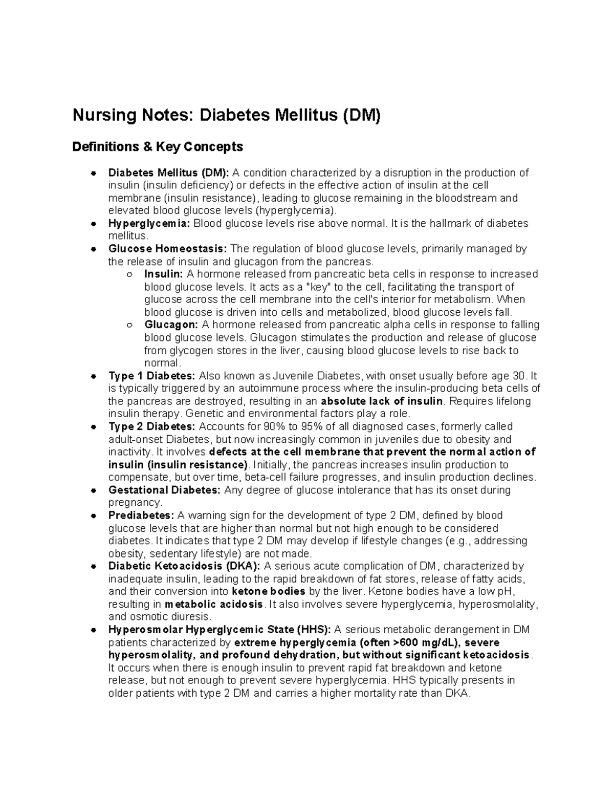 Nursing Notes: Key Concepts of Diabetes Mellitus (DM) Management - Studocu