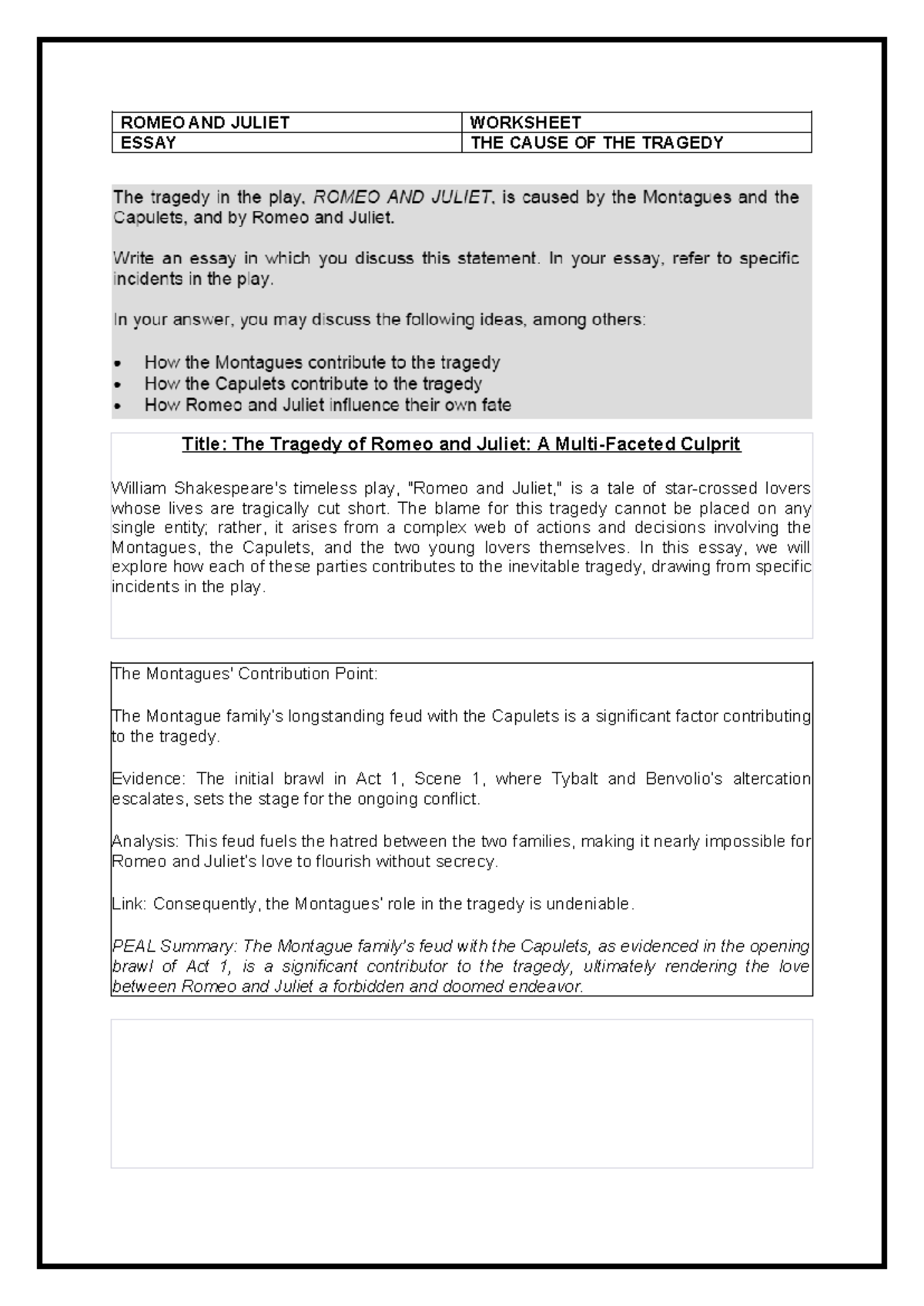 ENG 201: The Cause of Tragedy in Romeo and Juliet - Essay Worksheet ...