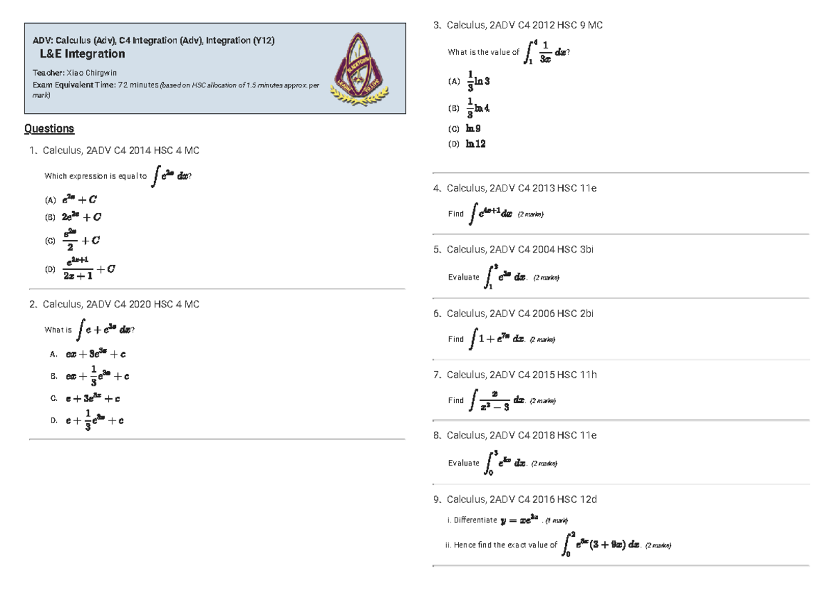 2021 HSC Past Q&A on Logarithms & Exponential Integration - 2ADV C4 ...