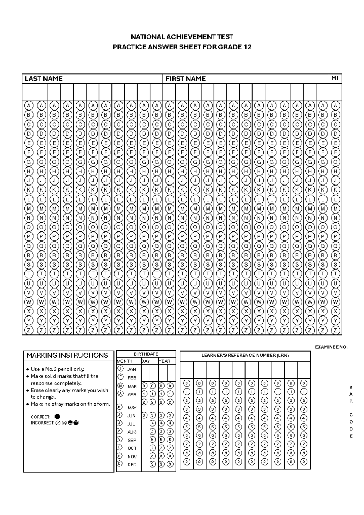 NATIONAL ACHIEVEMENT TEST ANSWER SHEET GRADE 12 2023 - Studocu