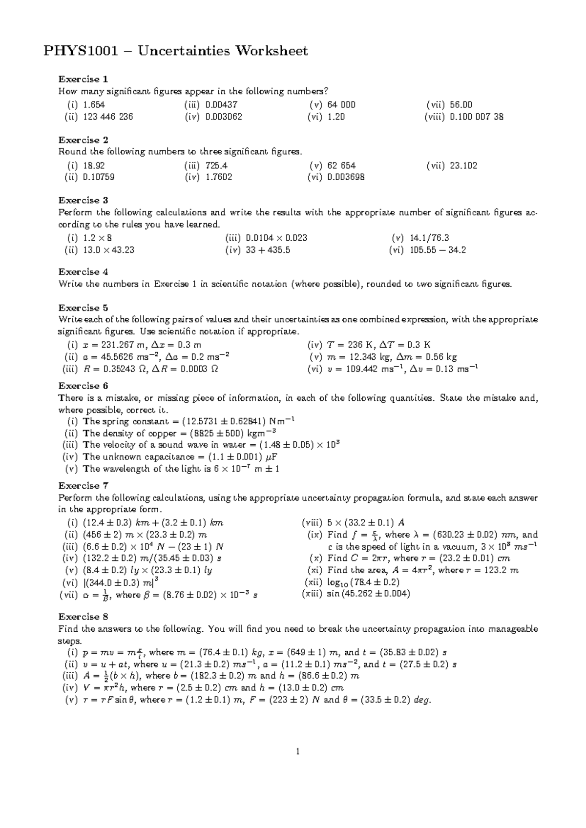 PHYS1001 – Uncertainties Worksheet for Practice and Solutions - Studocu