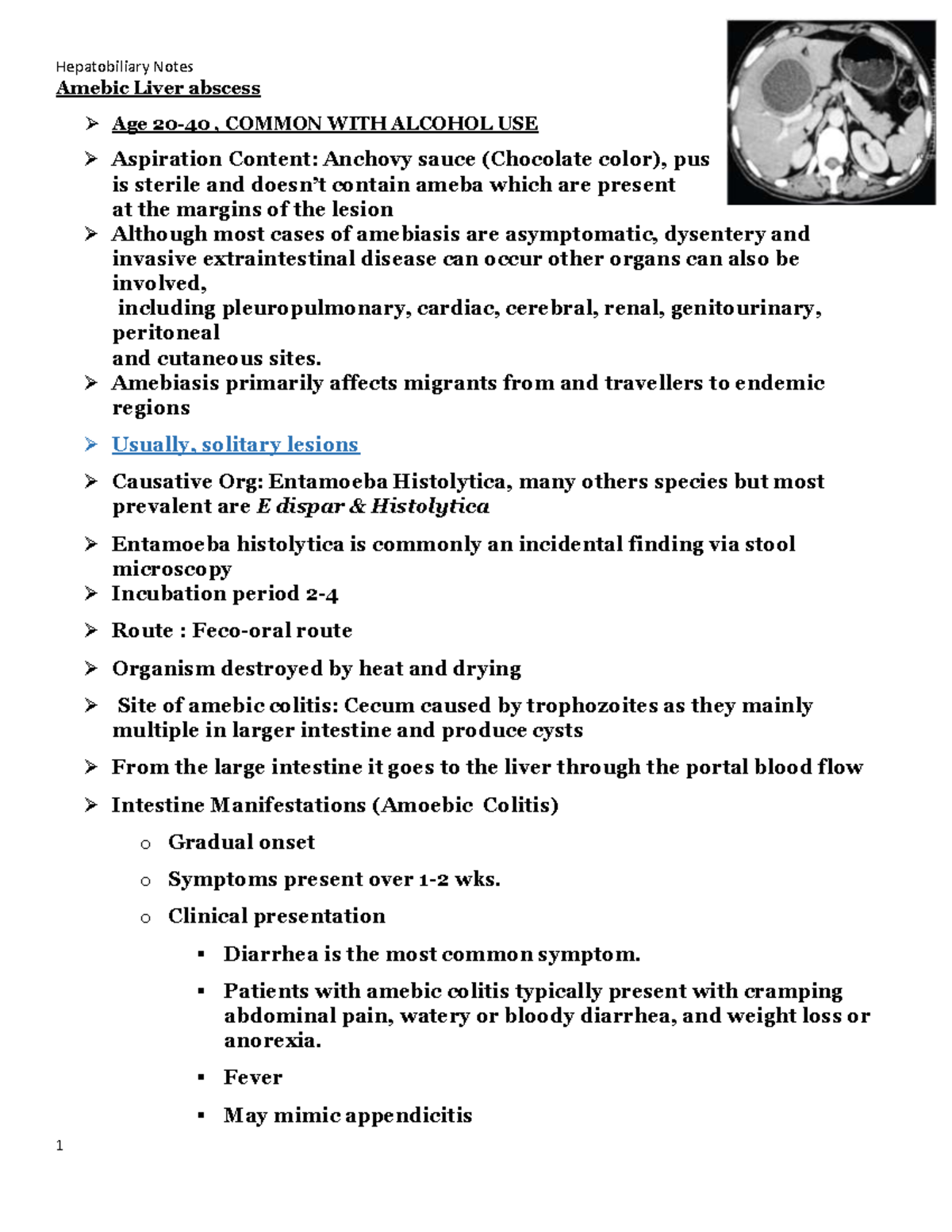 Amebic Liver Abscess Notes - Key Insights and Clinical Management - Studocu