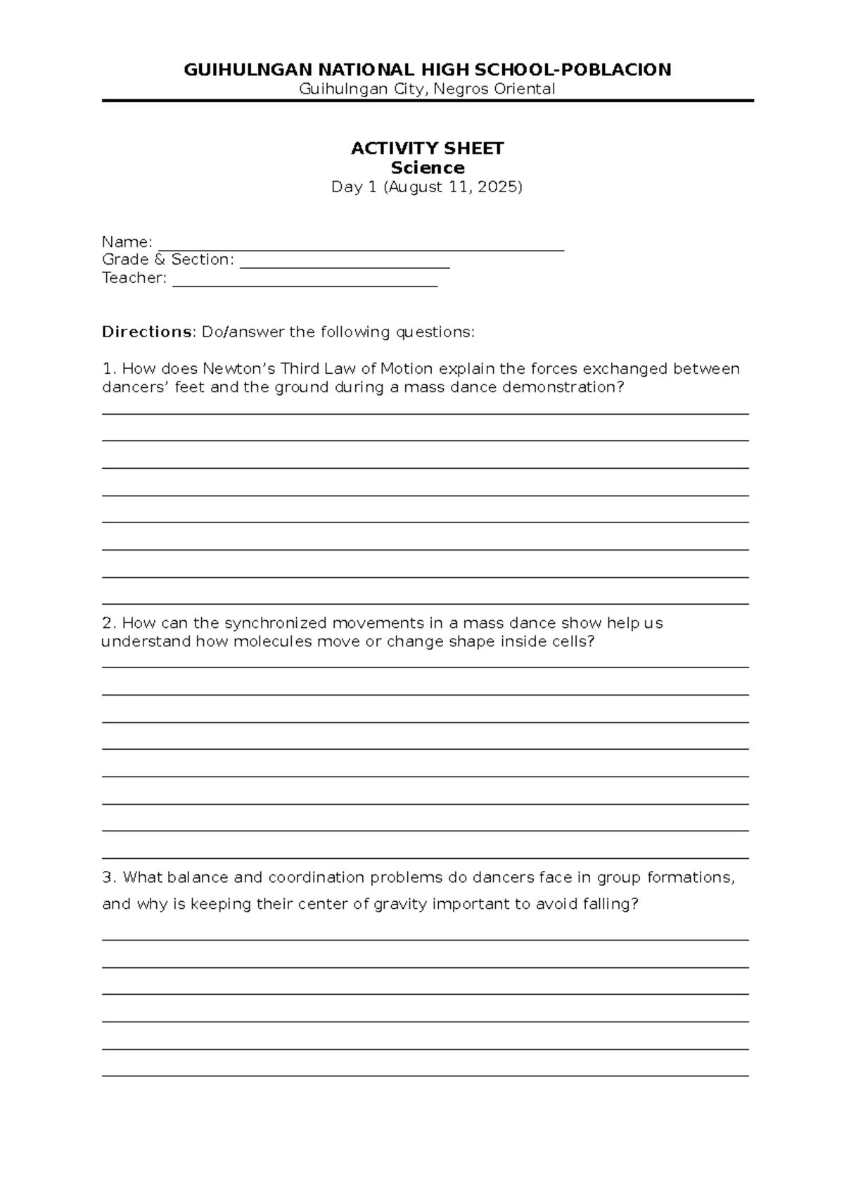 Science Activity Sheet: Understanding Motion & Forces in Dance - Studocu