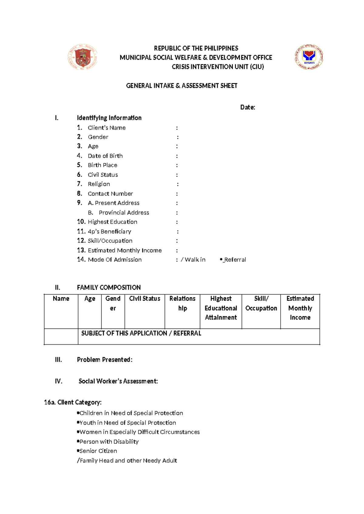 Crisis Intervention Unit General Intake & Assessment Sheet - Studocu