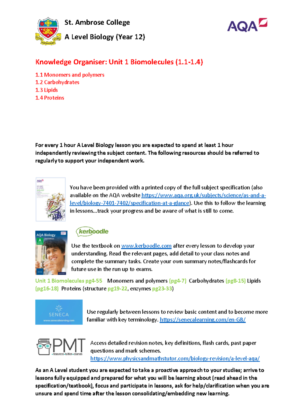 A Level Biology (Year 12) Unit 1: Biomolecules Overview and Key ...