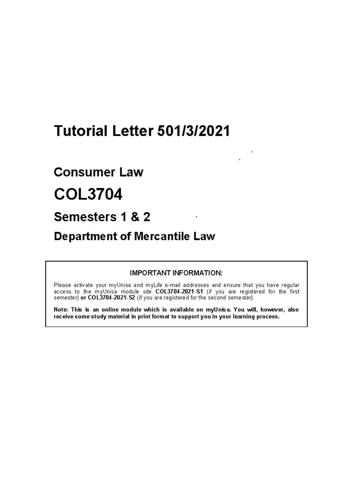 Consumer Law Tutorial Letter COL3704: Important Module Info and ...