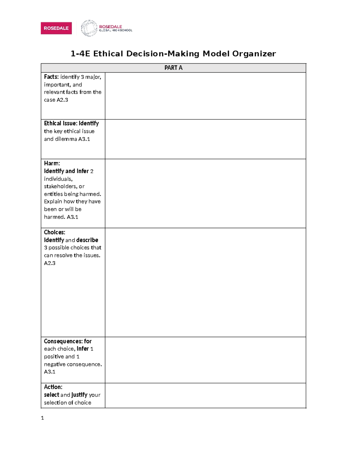 1-4E Ethical Decision-Making Model Organizer: Key Facts & Choices - Studocu