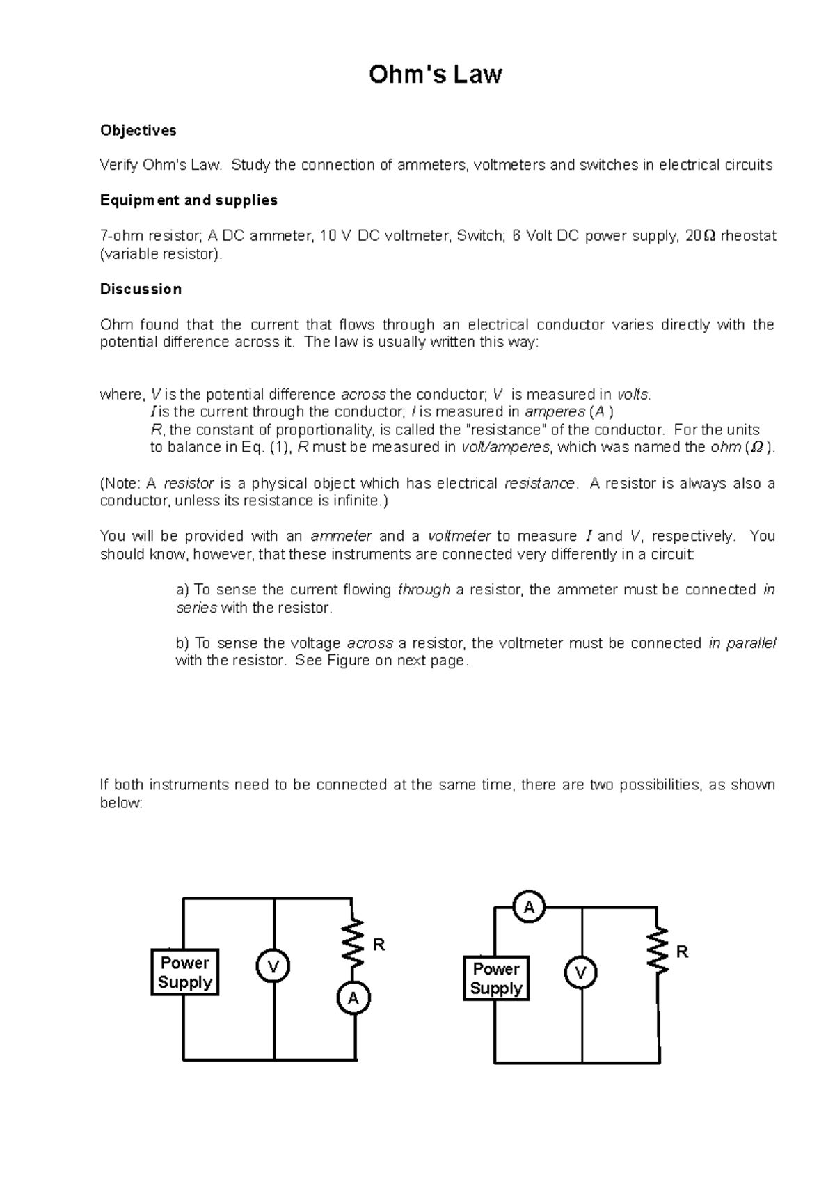 Lab 21 Ohm's Law - lab 21 - Ohm's Law Objectives Verify Ohm's Law ...