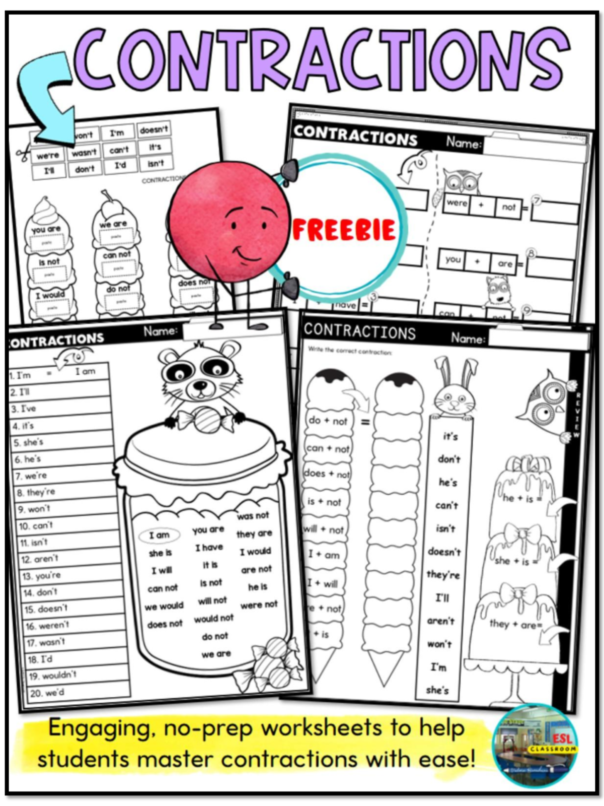 Free Contractions Worksheets: Matching, Coloring & Writing Activities ...