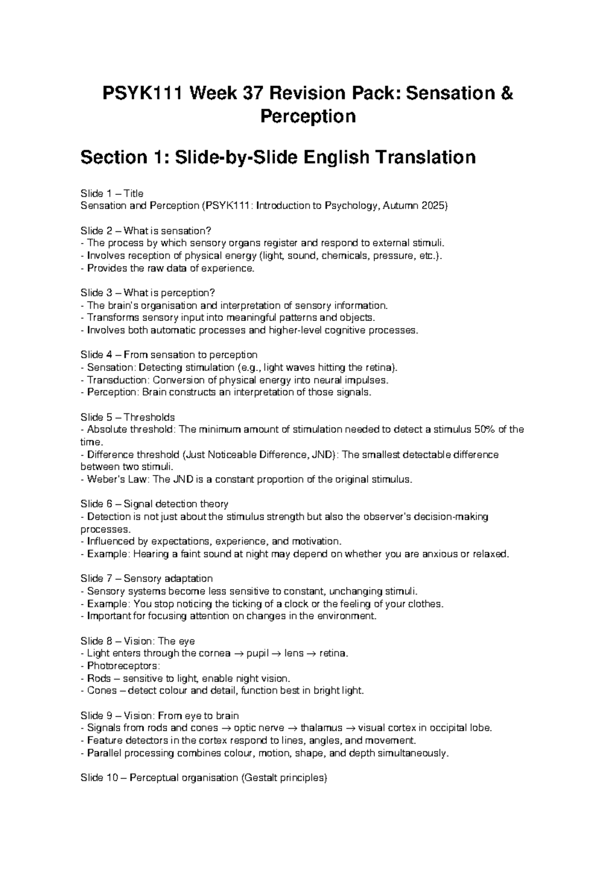 Week 37 PSYK111 Sensation & Perception Revision Pack with Glossary ...