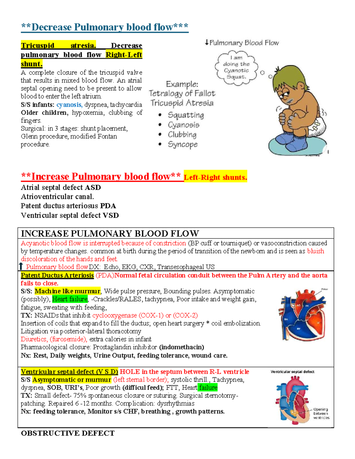 PEDS - Study Guide: Pulmonary Blood Flow & Cardiac Defects - Studocu