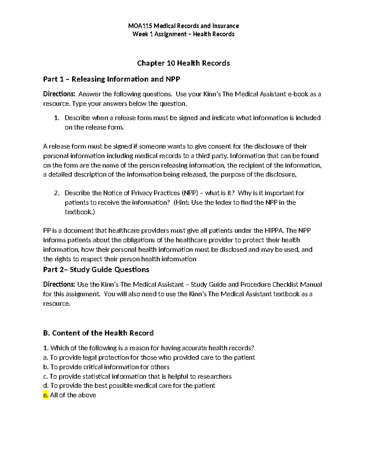 Week 1 Assignment: Health Records Overview and Study Guide (15e) - Studocu