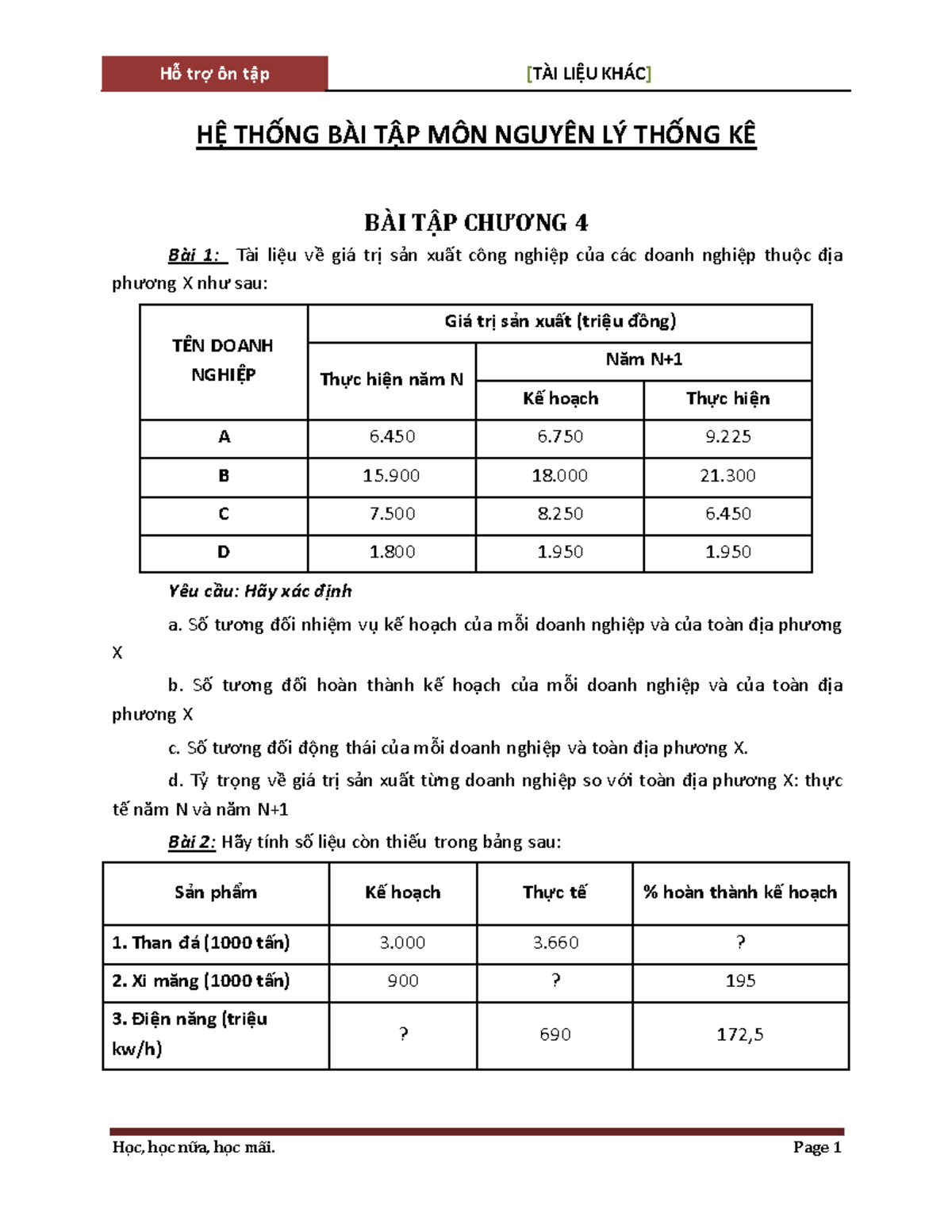 Bai tap nguyen ly thong ke cau hoi - HỆ THỐNG BÀI TẬP MÔN NGUYÊN LÝ ...