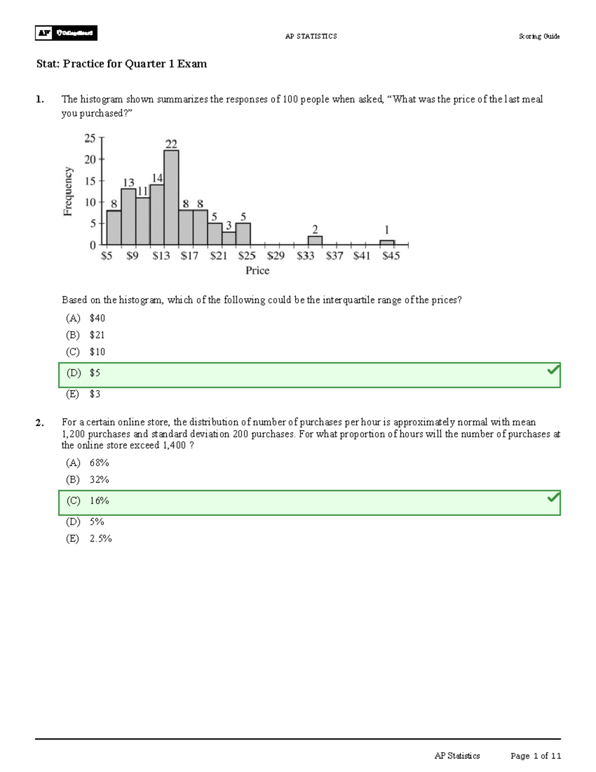 AP Stat: Key Practice Problems for Quarter 1 Exam - Studocu