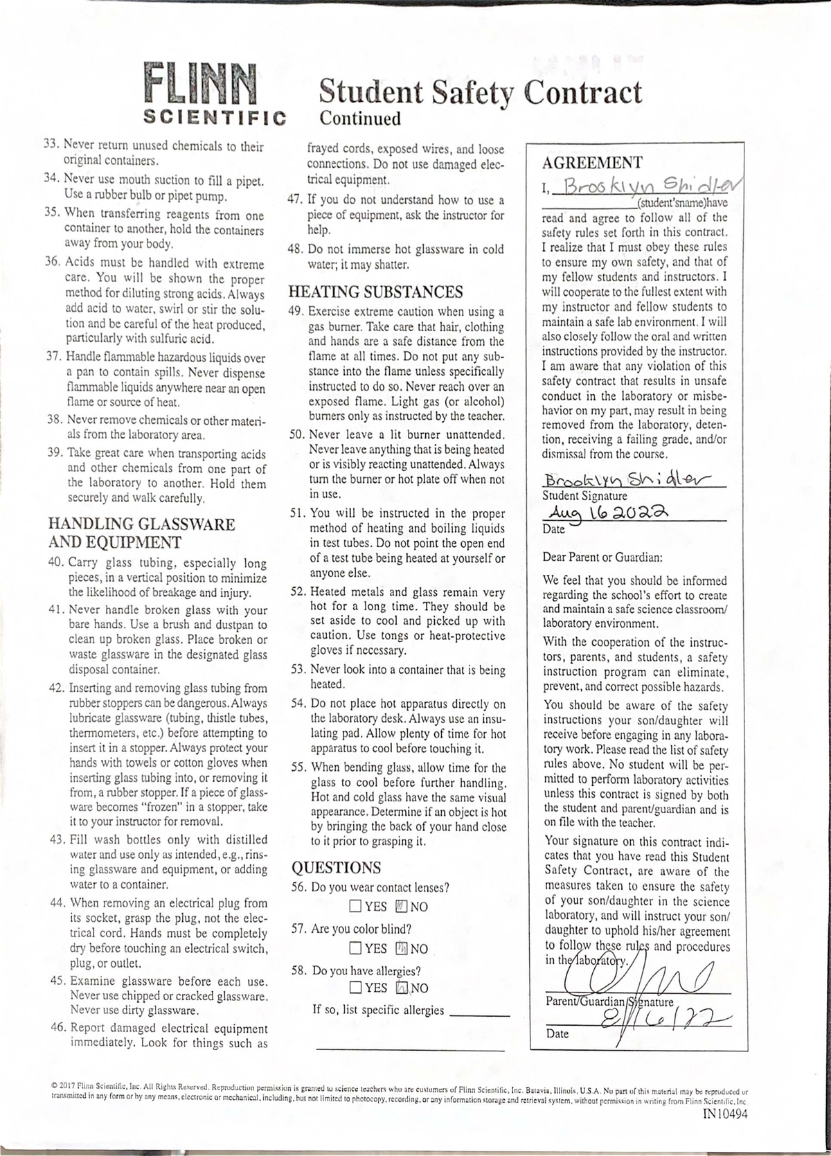Attachment 1 - yea - FLINN Student Safety Contract SCIENTIFIC Continued ...