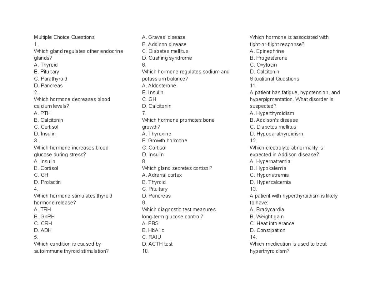 Endocrine System MCQs - Course Code: Endoo - Studocu