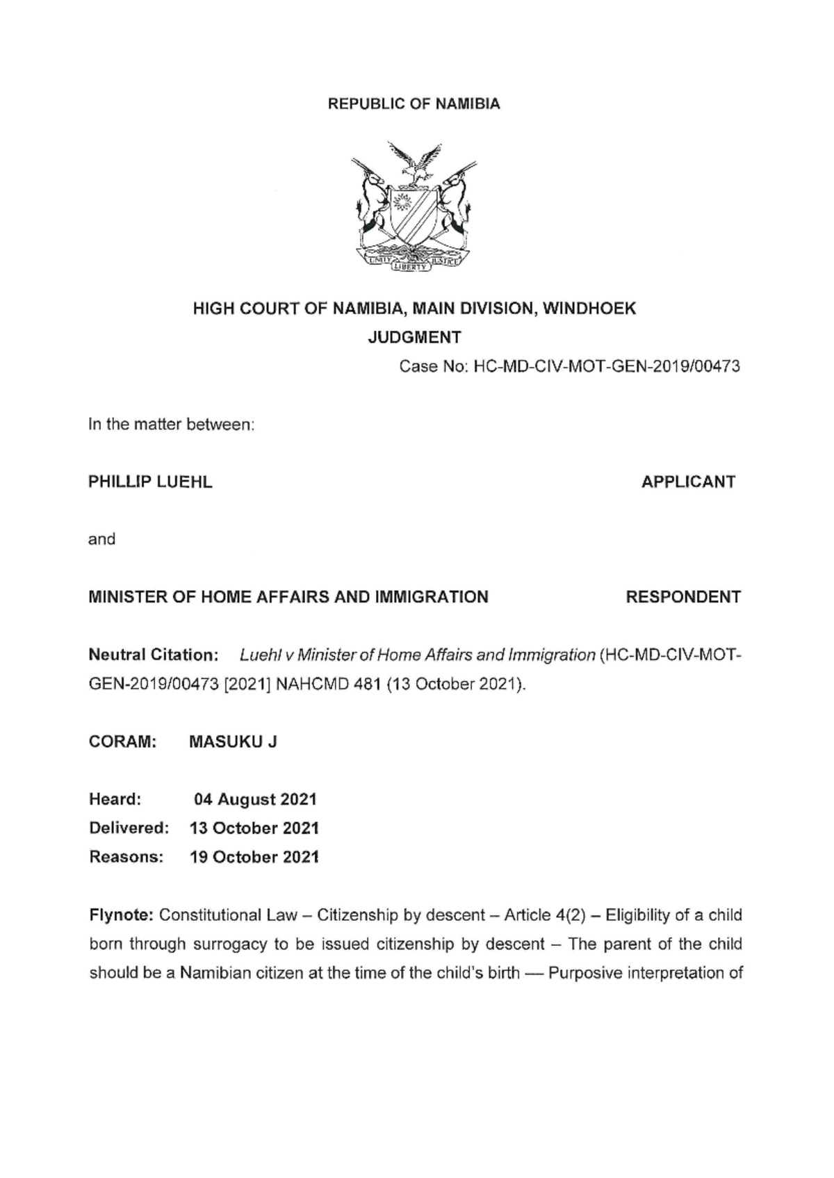 Luehl Case Analysis - Namibian Constitutional Law Judgment HC-MD-CIV ...