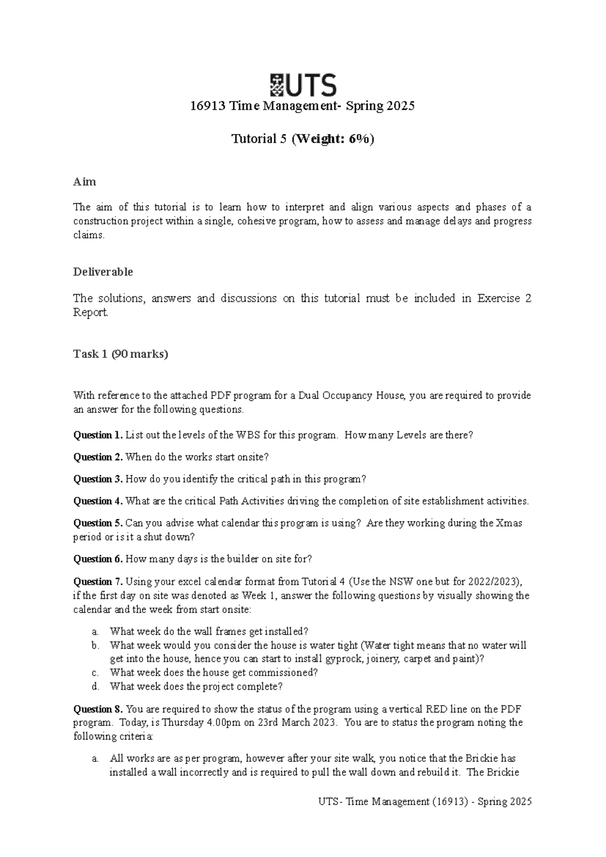Time Management (16913) Spring 2025 Tutorial 5: Project Delay Analysis ...