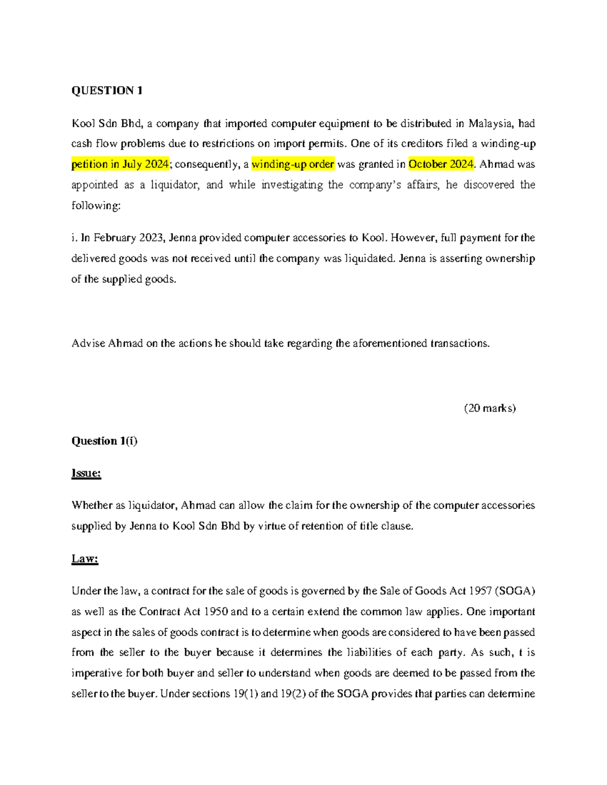 Insolvency II Romalpa Clause ROT problem - QUESTION 1 Kool Sdn Bhd, a ...