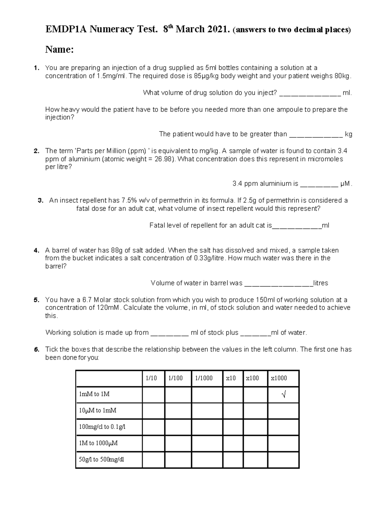 EMDP1A Numeracy Test Practice - March 2021 (Answer Key) - Studocu