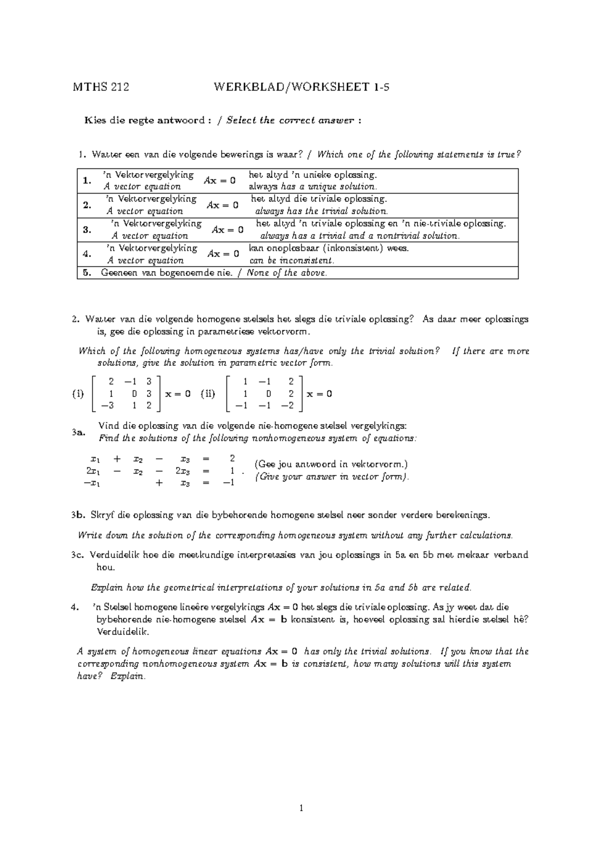 MTHS 212 Final Exam: Vector Equations and Solutions Analysis - Studocu