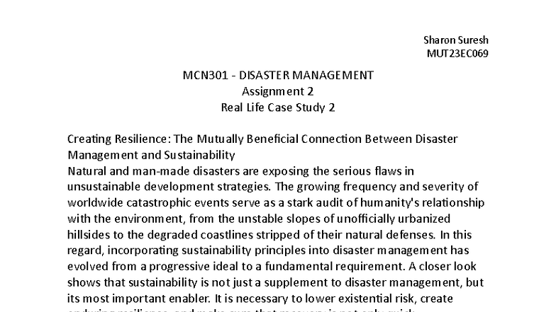MCN301 Assignment 2: Resilience in Disaster Management & Sustainability ...