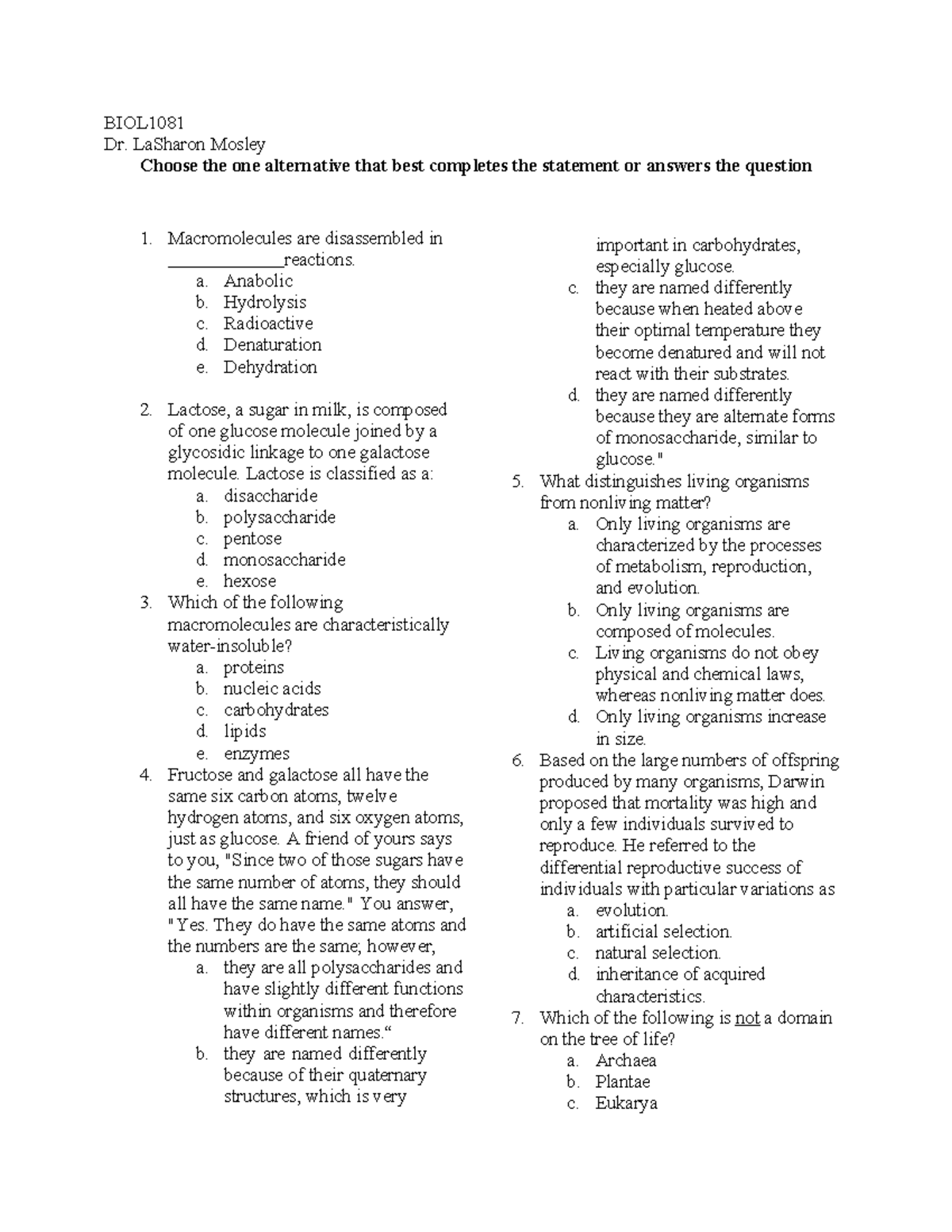 BIOL1081 Final Mock Exam Study Guide - Studocu