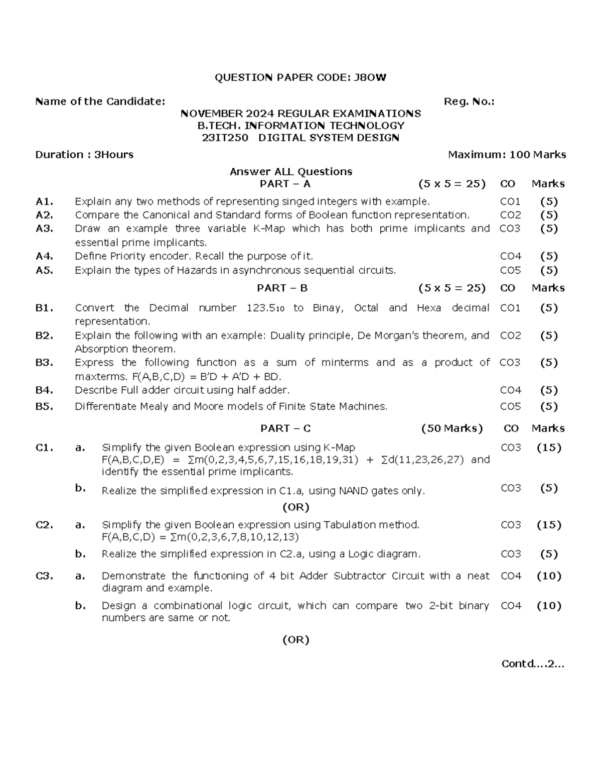 Digital System Design Exam Paper: B.TECH 23IT250 - Nov 2024 - Studocu