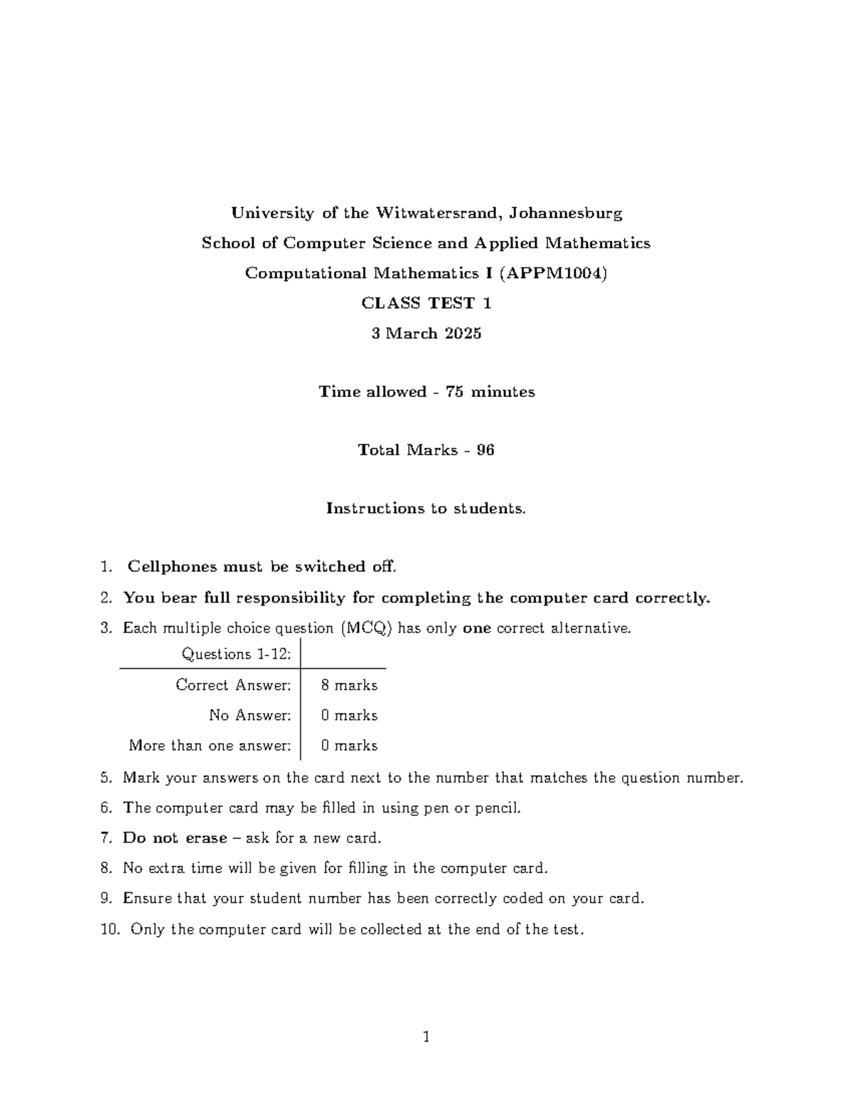 APPM1004 Computational Mathematics I Test 1 Guidelines and Questions ...