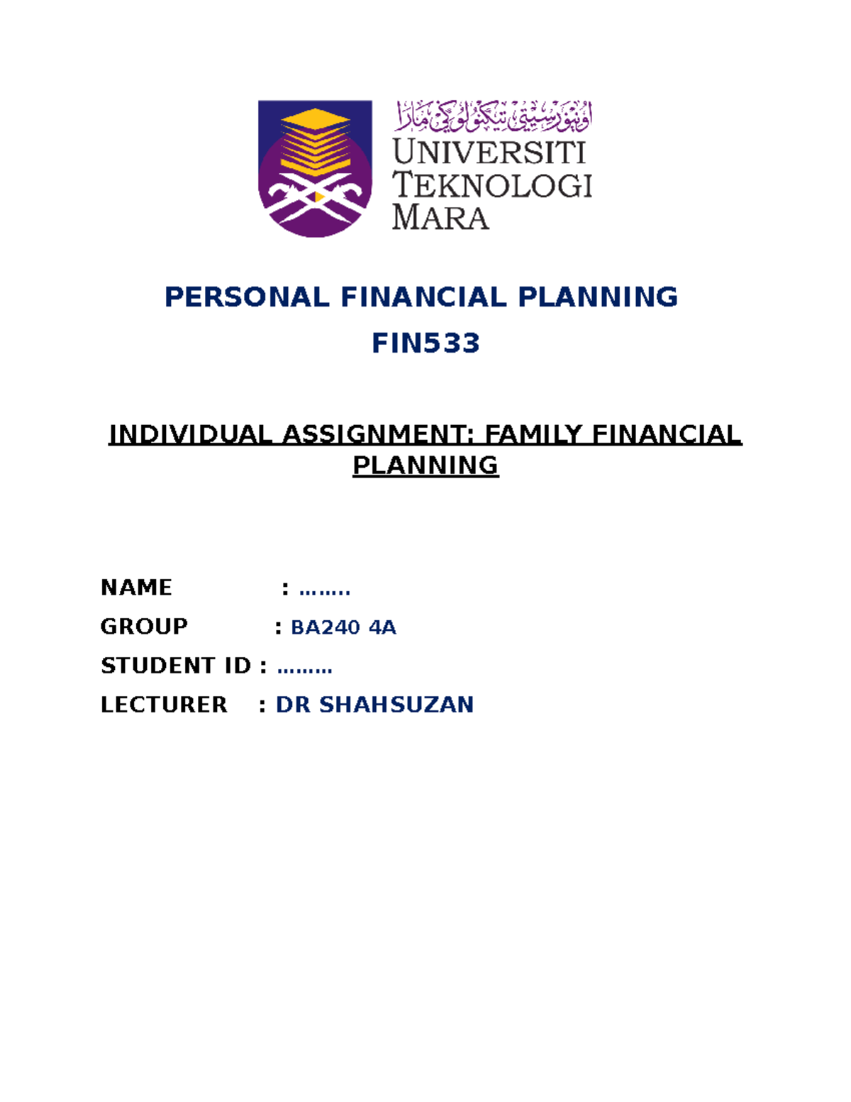 Individual Assignment FIN533 - PERSONAL FINANCIAL PLANNING FIN ...