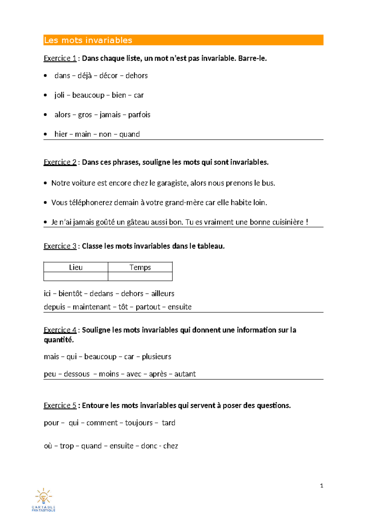 Les mots invariables - Exercice et Activités pour la Classe - Studocu