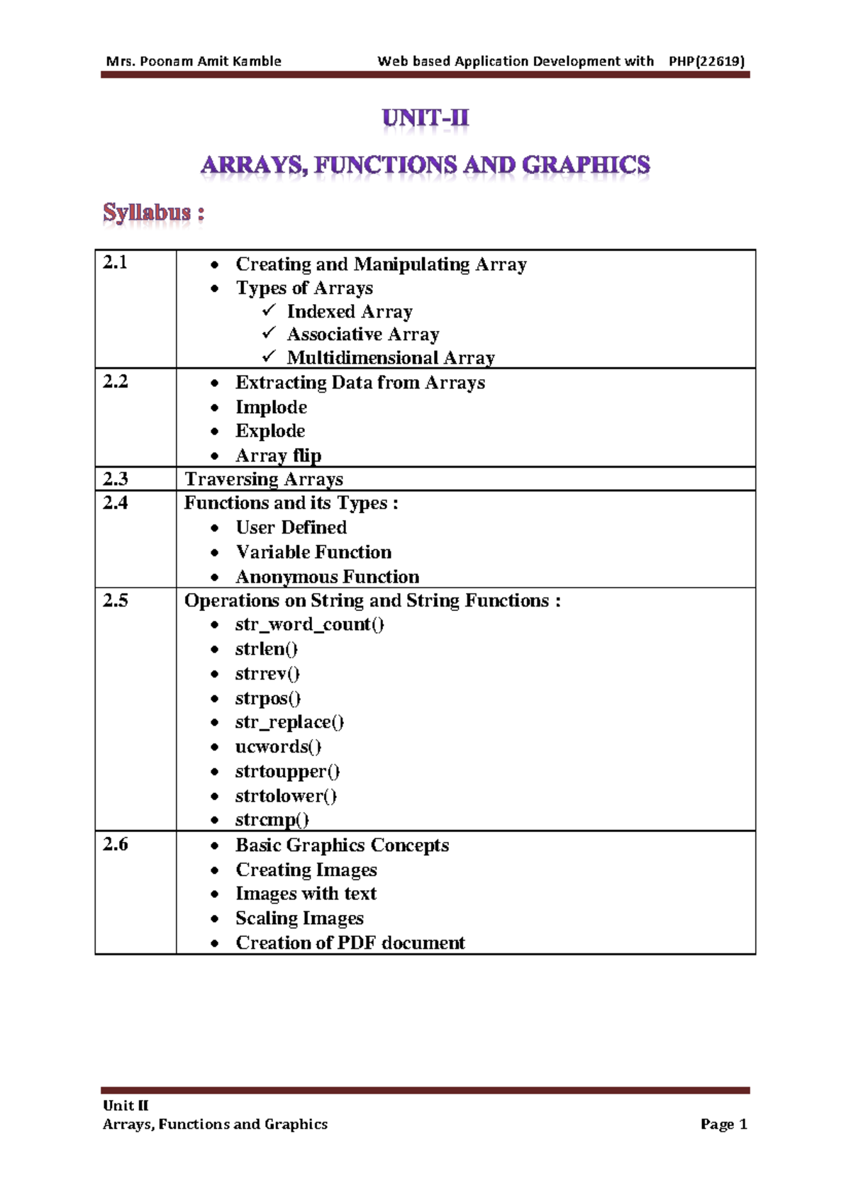 4 - notes - Unit II 2 Creating and Manipulating Array Types of Arrays ...